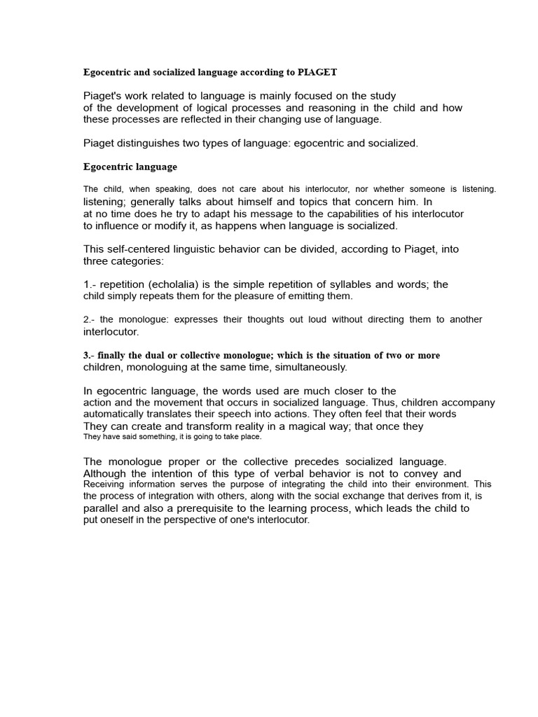 Egocentric and Socialized Language According To PIAGET | PDF ...