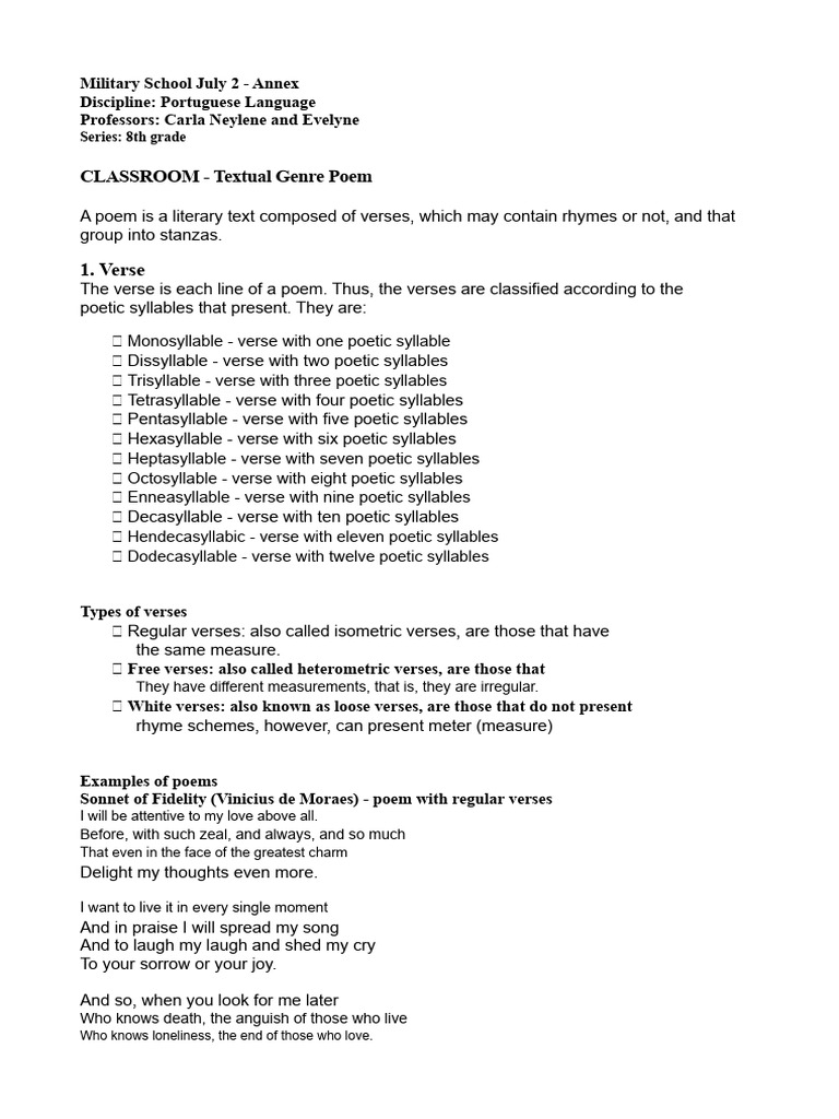 Class - Textual Genre Poem - 8th Grade | PDF | Poetry | Rhyme