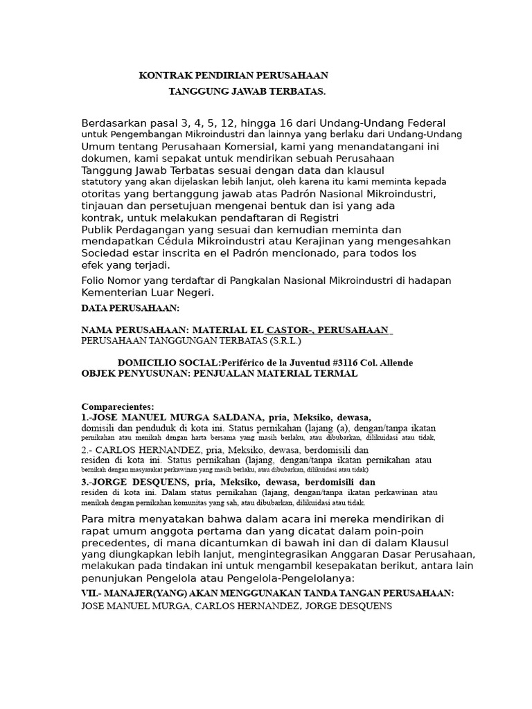 Kontrak Pendirian Perusahaan S.R.L. | PDF