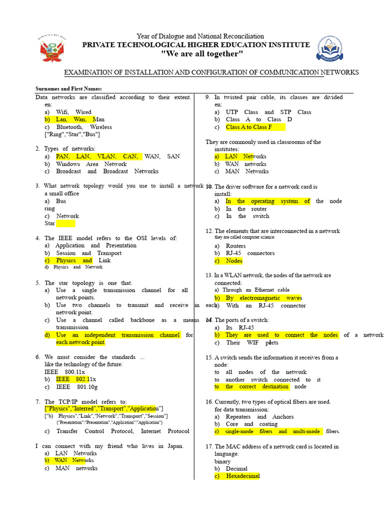 Exam 1 of Network Installation and Configuration 2018 | PDF | Computer ...