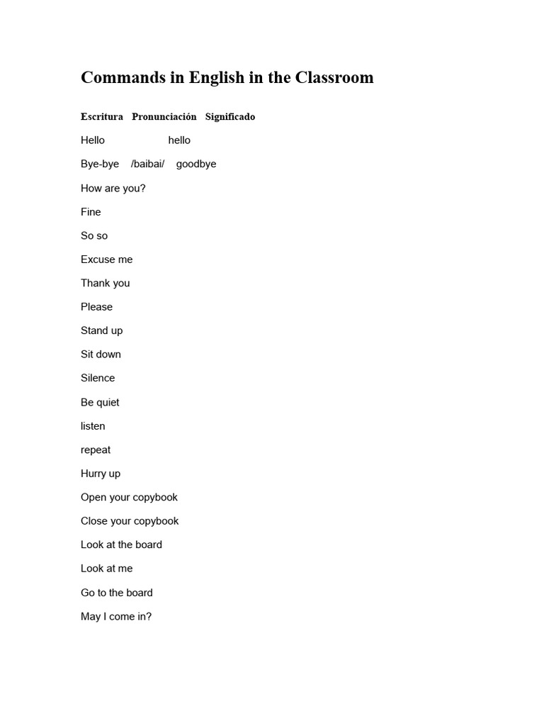 Commands in English Inside The Classroom | PDF