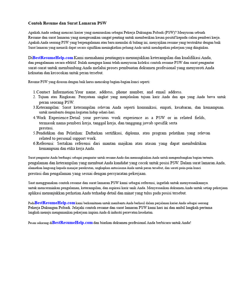 Contoh Resume dan Surat Lamaran PSW | PDF