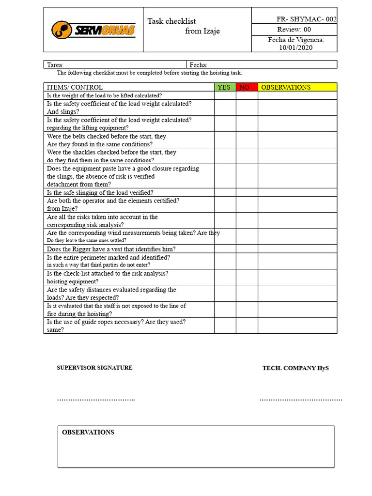 Lifting Task Checklist | PDF