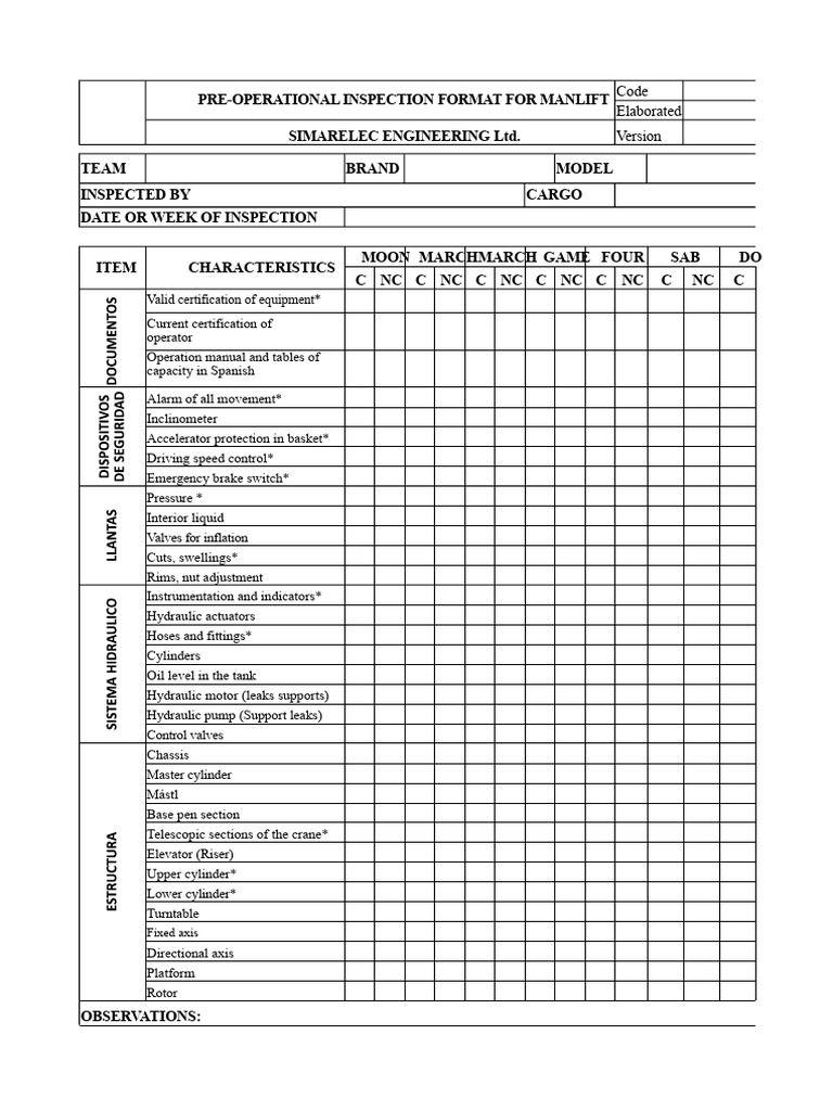 Manlift Pre-Operational Inspection Checklist | PDF