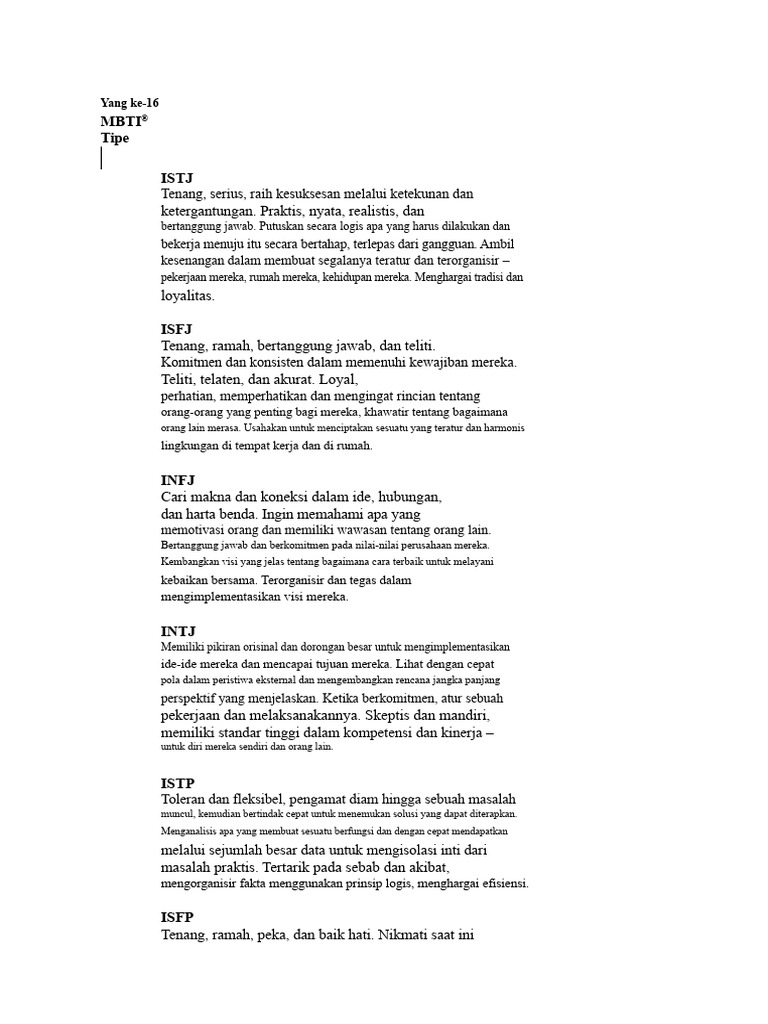 Tipe Kepribadian MBTI: Deskripsi dan Karakteristik | PDF