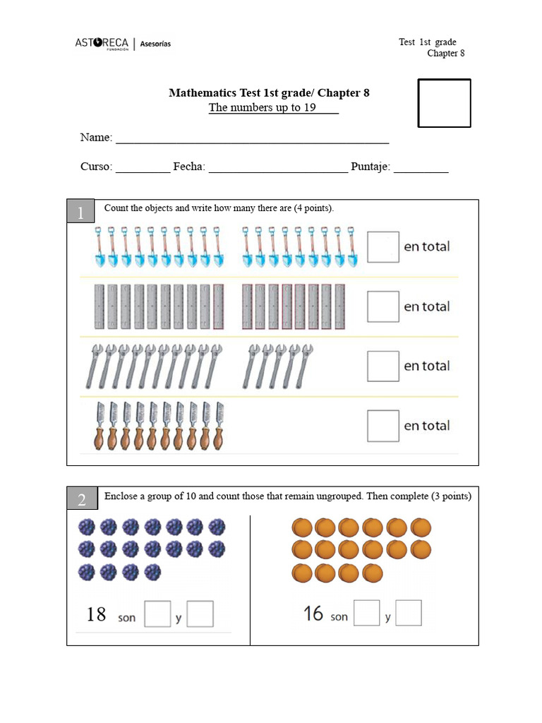1st Grade Math Test: Numbers Up to 19 | PDF | Mathematics