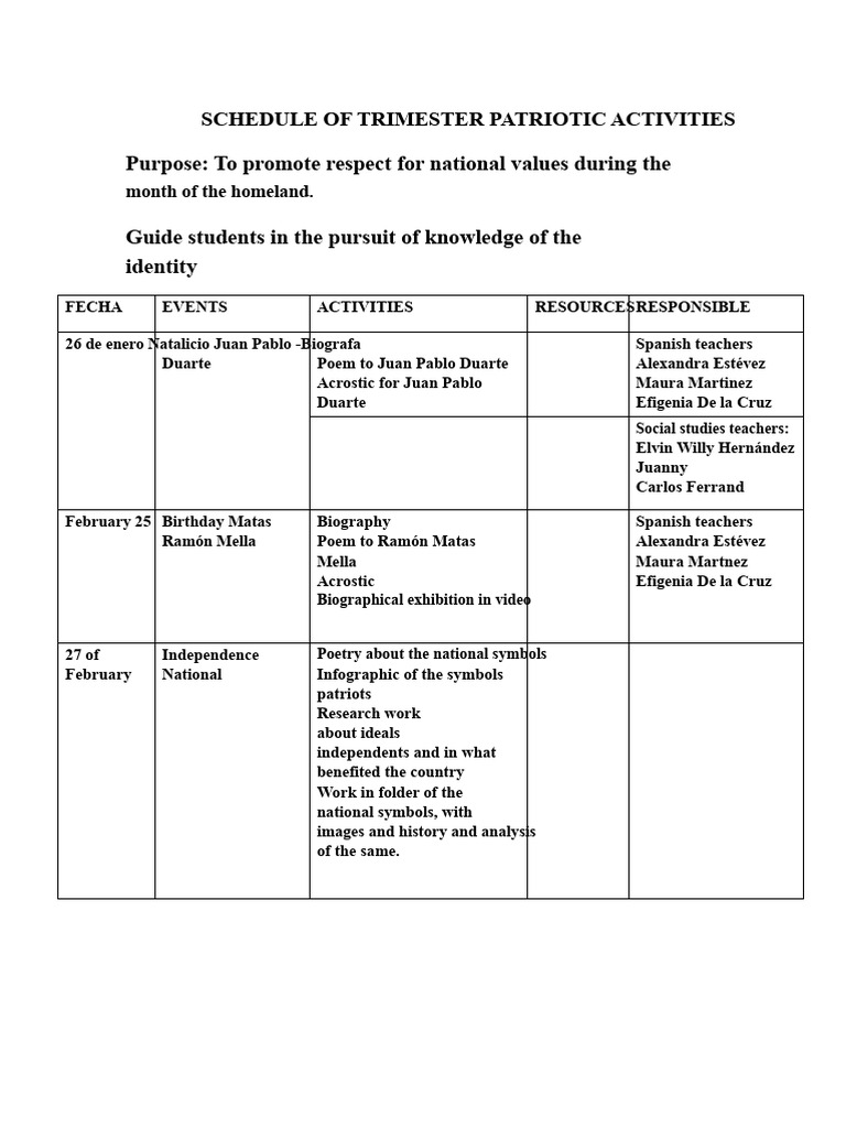 Schedule of Activities Spanish Patriotic Quarter | PDF