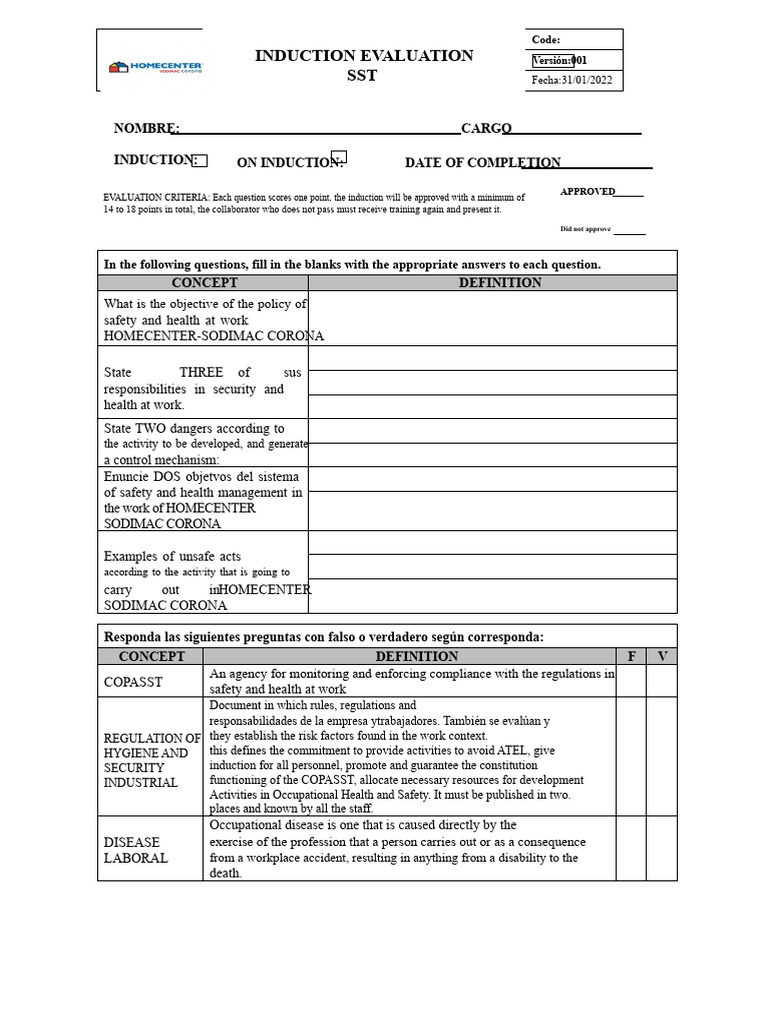 Induction Evaluation for Workplace Safety | PDF | Occupational Safety ...