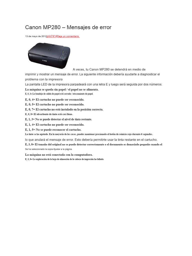 Canon MP280 - Mensaje de Error | PDF