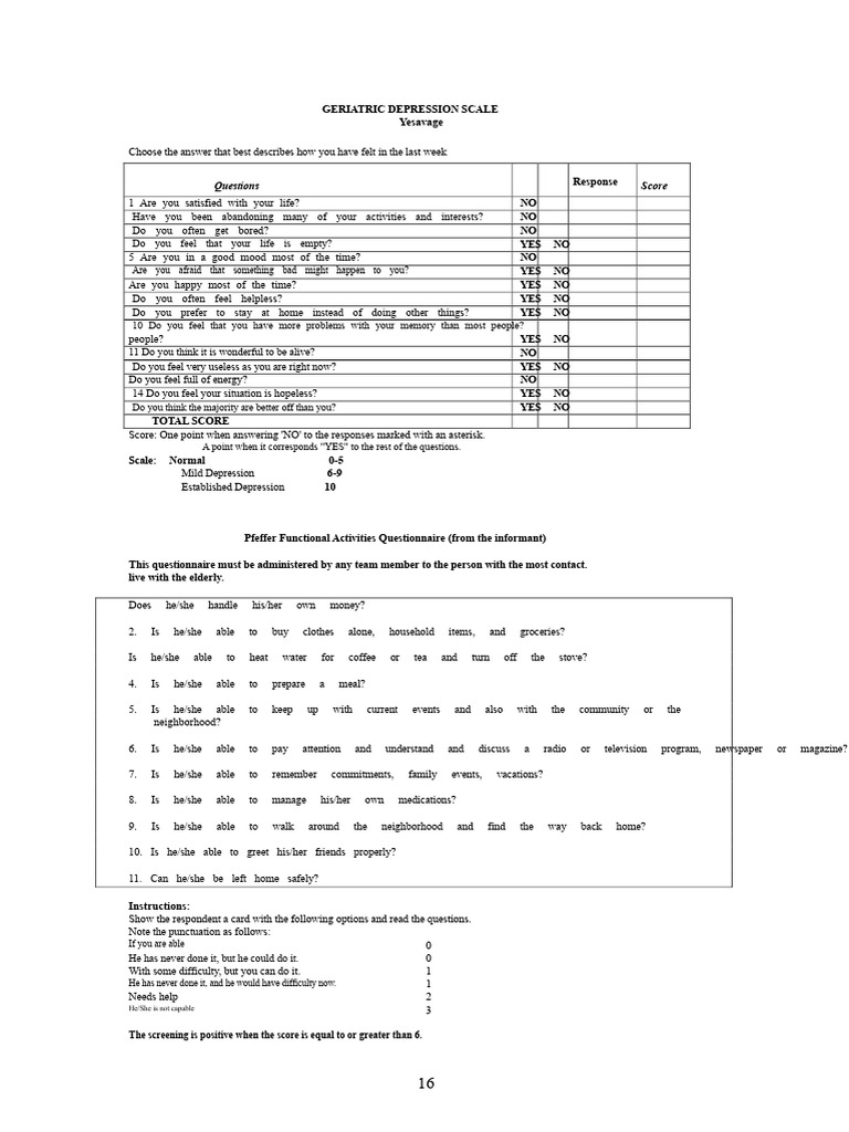 Yesavage and Pfeffer Scale | PDF | Geriatrics | Major Depressive Disorder