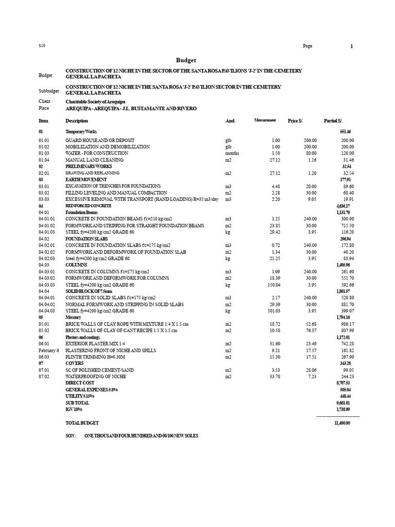 Budget For Construction of Niches For Cemetery | PDF | Concrete ...