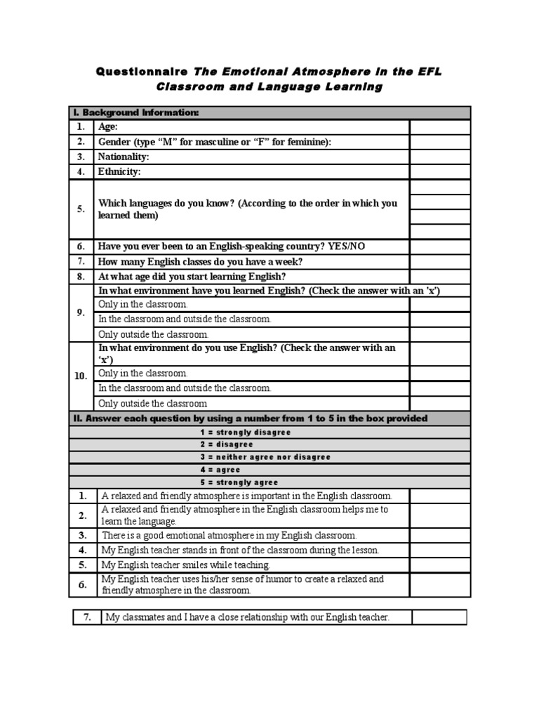 Emotional Atmosphere in EFL Classrooms | PDF | Classroom | English As A ...
