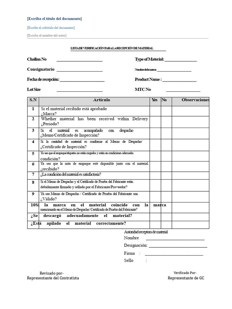 Lista de Verificación para La Recepción de Material | PDF