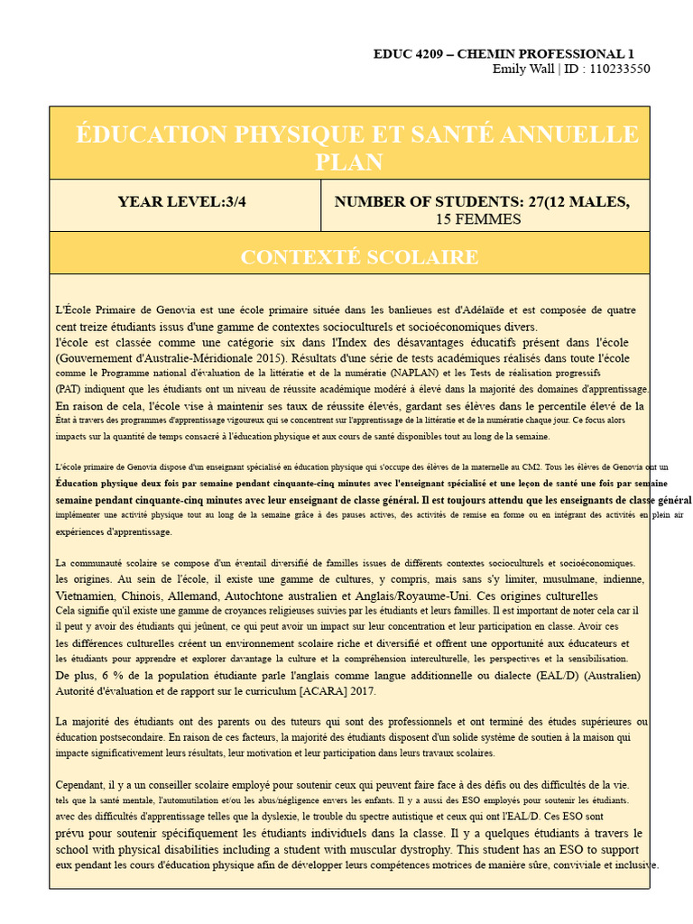 Plan annuel Éducation physique Genovia | PDF | Apprentissage | Émotions