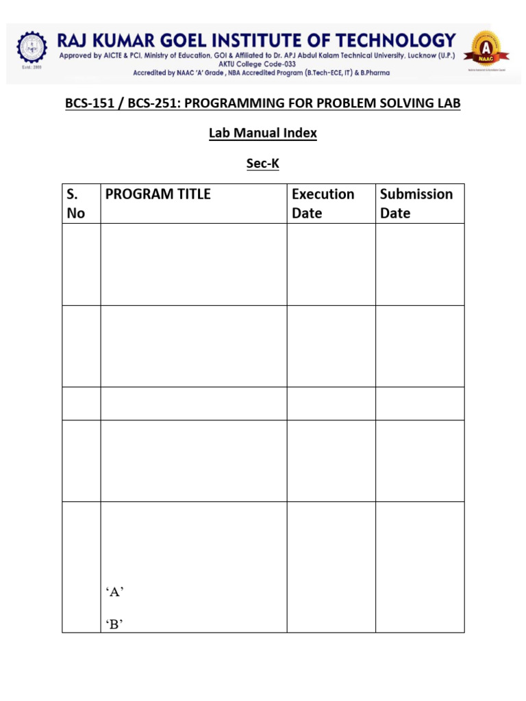 PPS Lab Manual Index_Sec-K_2025-26_ODD Sem | PDF
