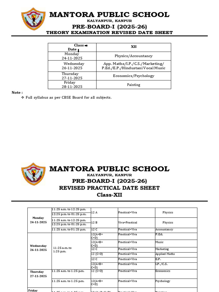 Pre-board Examination Date Sheet Class Xii-2 | PDF