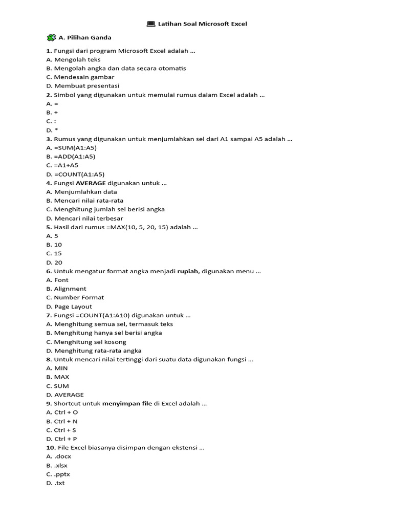 Latihan Soal Microsoft Excel Dasar | PDF