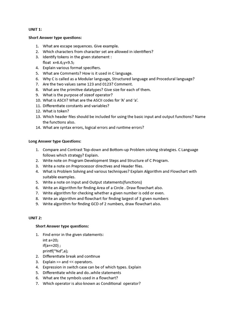 PSP( C-LANGUAGE) Question Bank for Unit 1 and 2[1] | PDF | C ...