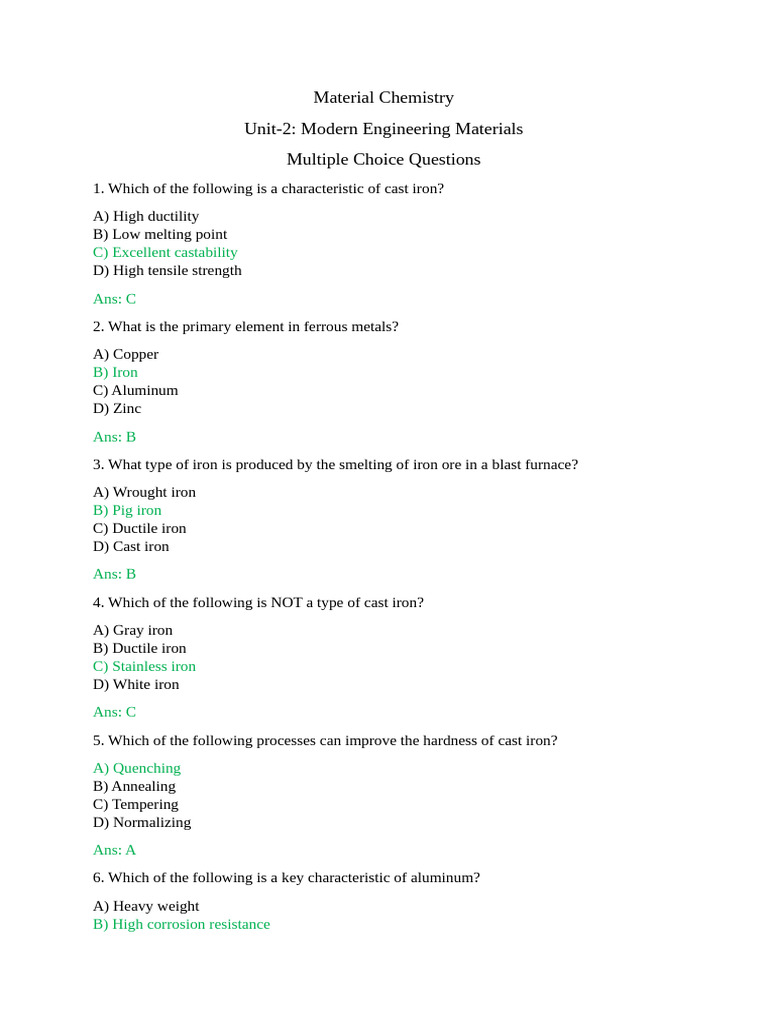Modern Engineering Materials Quiz | PDF | Iron | Thermoplastic