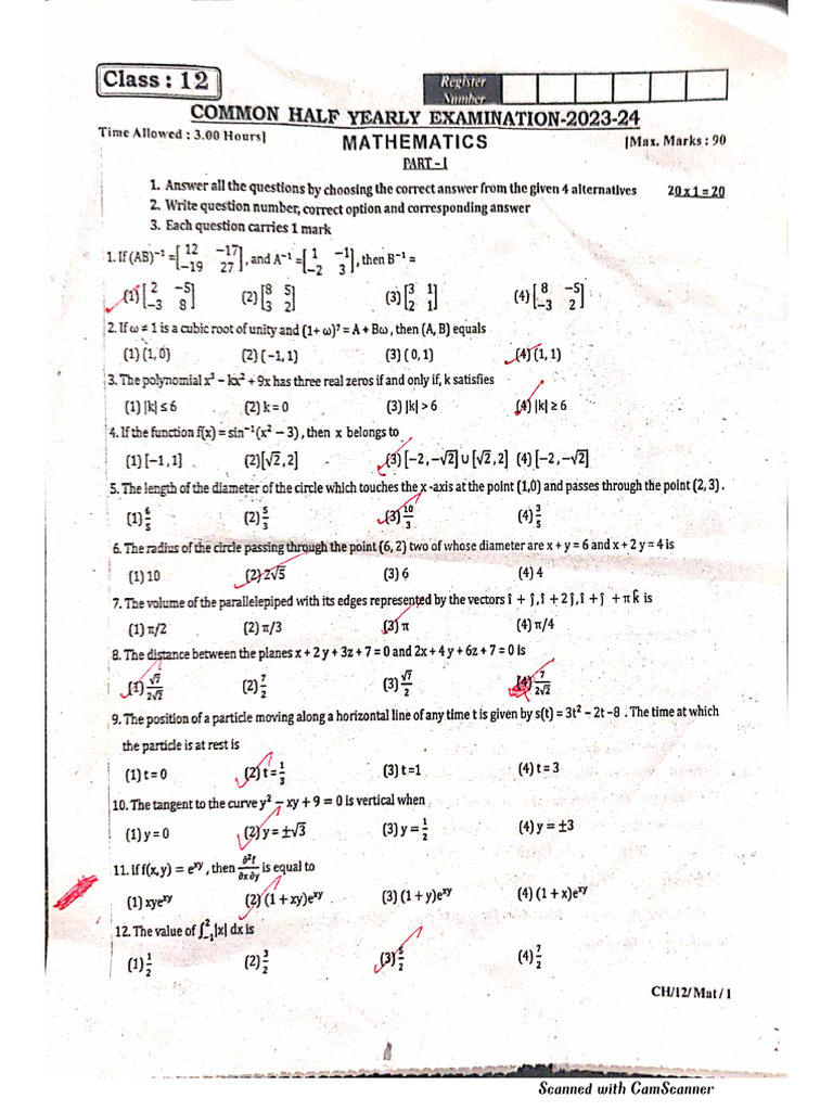 12th Maths EM Half Yearly Exam 2023 Chennai District Question Paper PDF Download | PDF