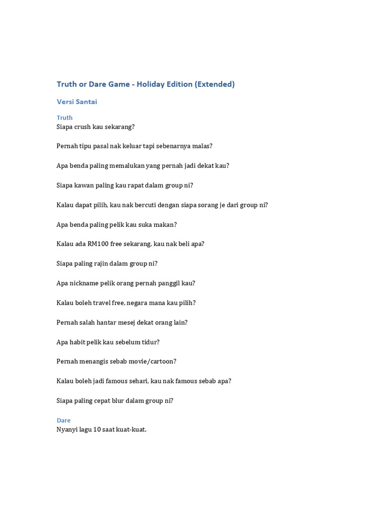 Permainan Truth or Dare untuk Liburan | PDF