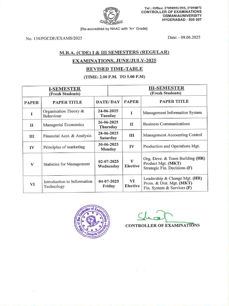 Mba 1&3 Sem Timetable July2025 | PDF