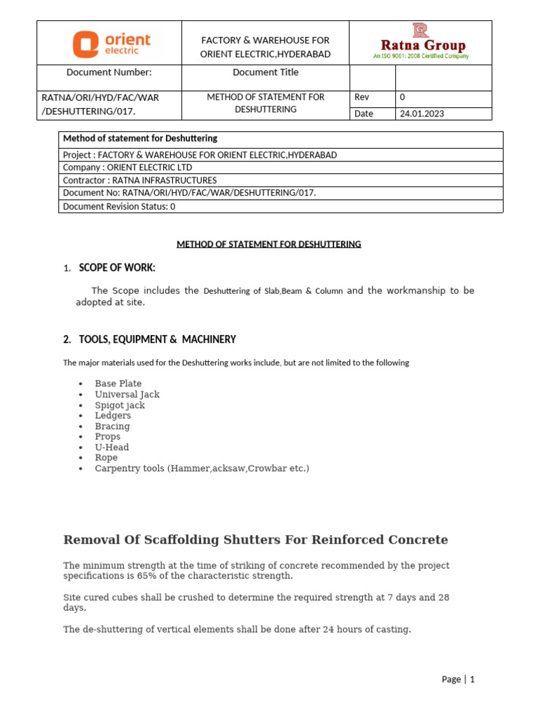 Deshuttering Method Statement for Factory | PDF | Personal Protective ...