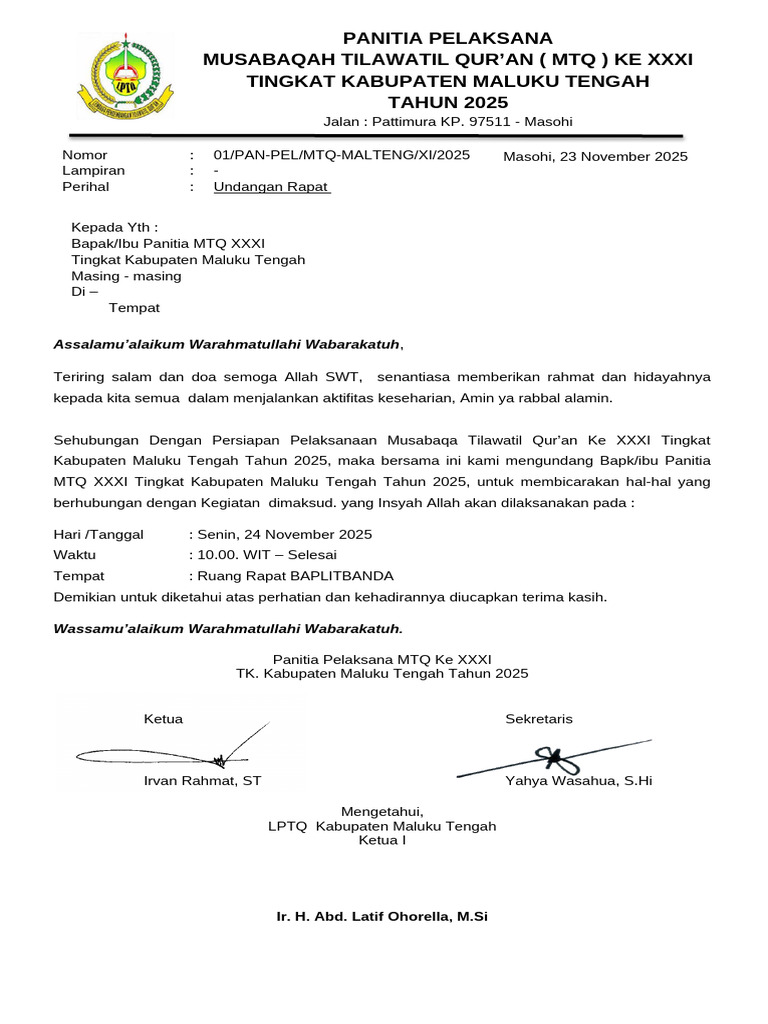 Undangan Rapat MTQ XXXI Maluku Tengah | PDF