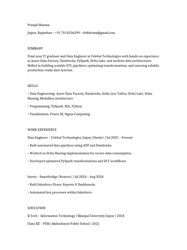Pranjal One Page Resume | PDF