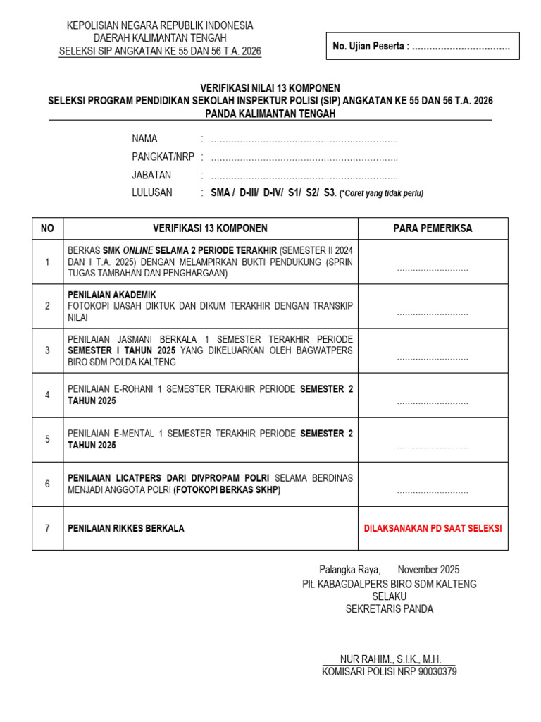 Seleksi SIP Polri Kalimantan Tengah 2026 | PDF
