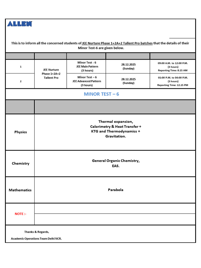 JEE Nurture Minor Test-6 Details | PDF | Physical Chemistry | Continuum ...