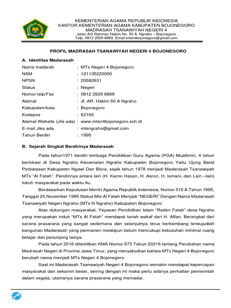 Profil MTs Negeri 4 Bojonegoro 2023 | PDF