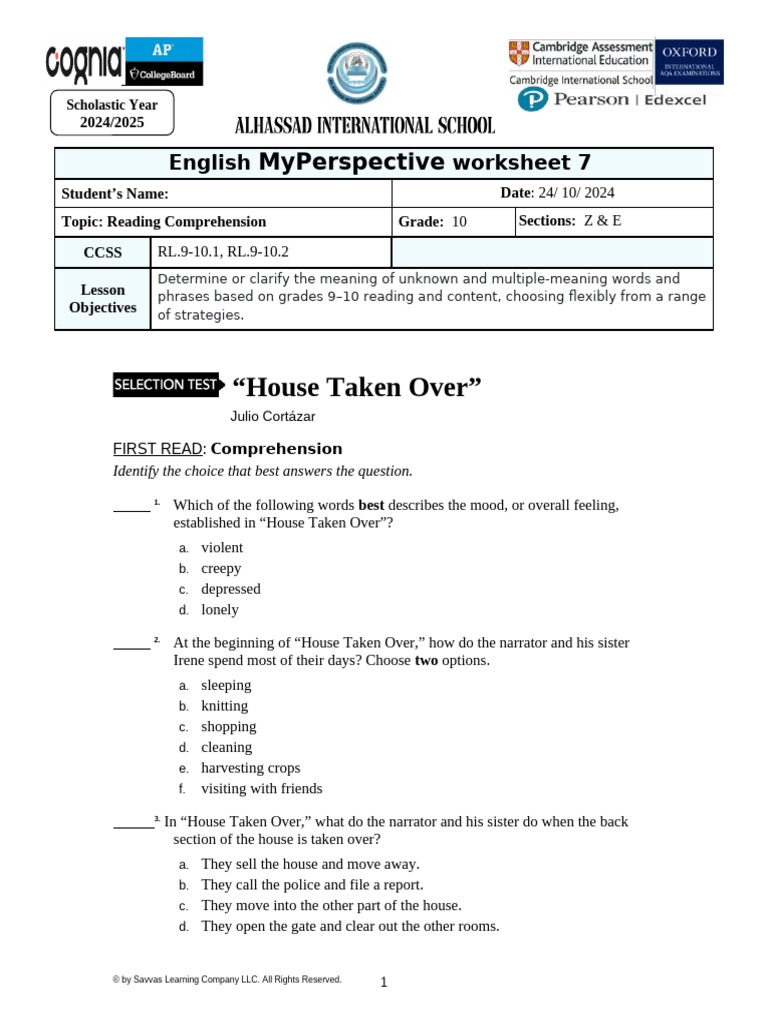 Worksheet 7 House Taken Over Analysis | PDF | Verb | Adjective