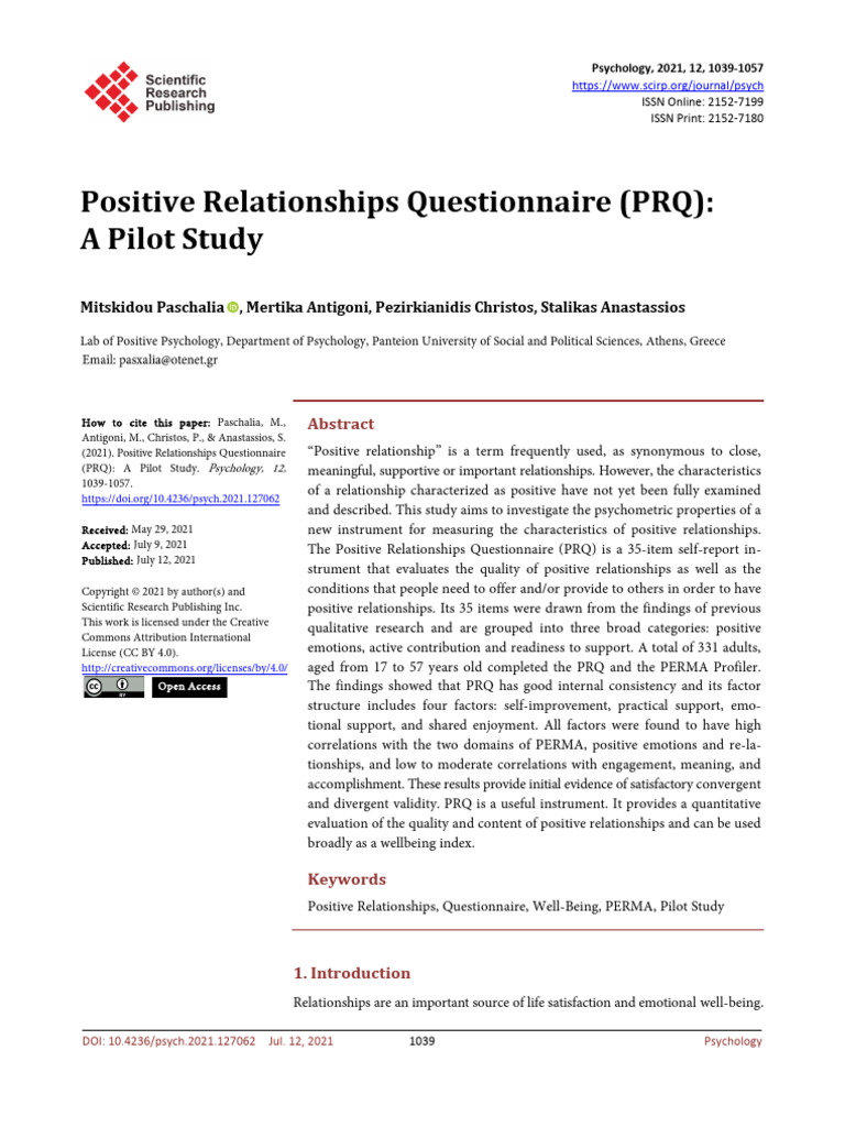 Positive Relationships Questionnaire PRQ A Pilot S | PDF | Well Being ...