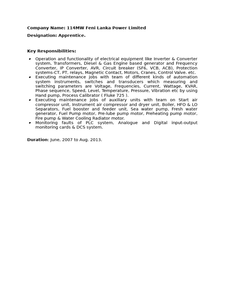 Apprentice Role at Feni Lanka Power | PDF