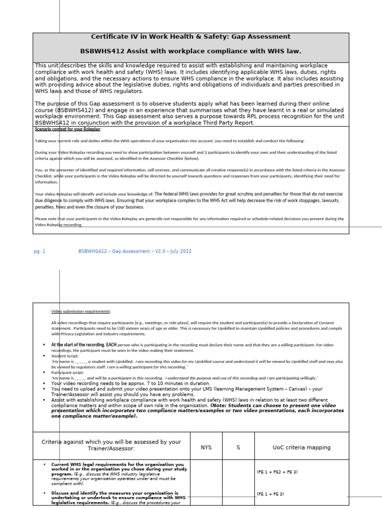 BSBWHS412 - Gap Assessment V2.0 - GR | PDF | Regulatory Compliance ...