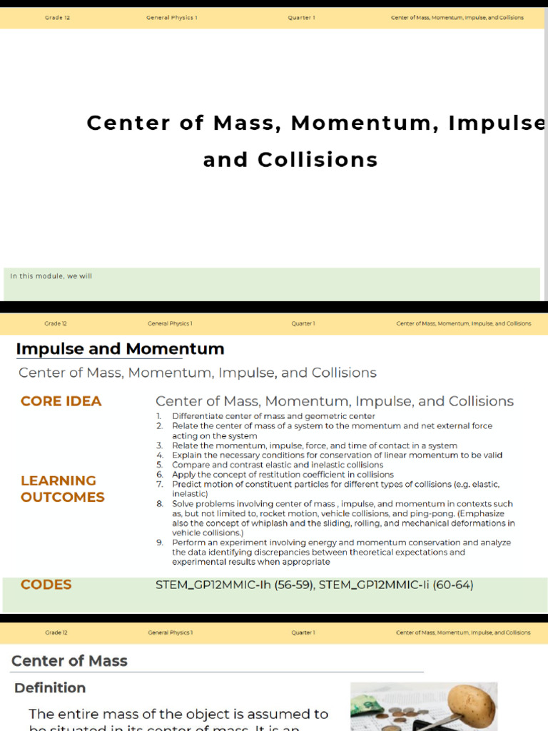 G01 Center of Mass, Momentum, Impulse and Collisions | PDF