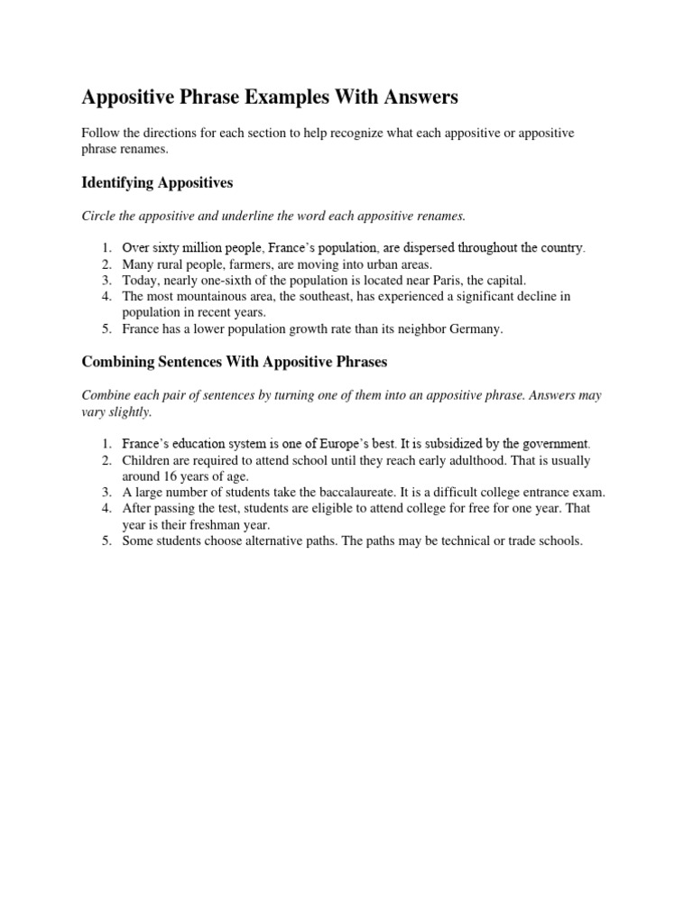 Appositive Phrase Examples With Answers | PDF