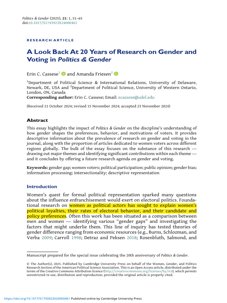 A Look Back at 20 Years of Research On Gender and Voting in Politics ...