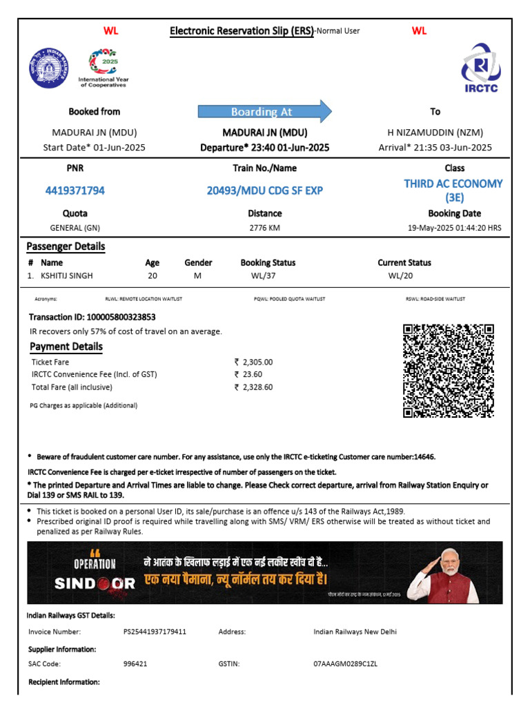 20493/mdu CDG SF Exp Third Ac Economy (3E) : WL WL | PDF | Identity ...