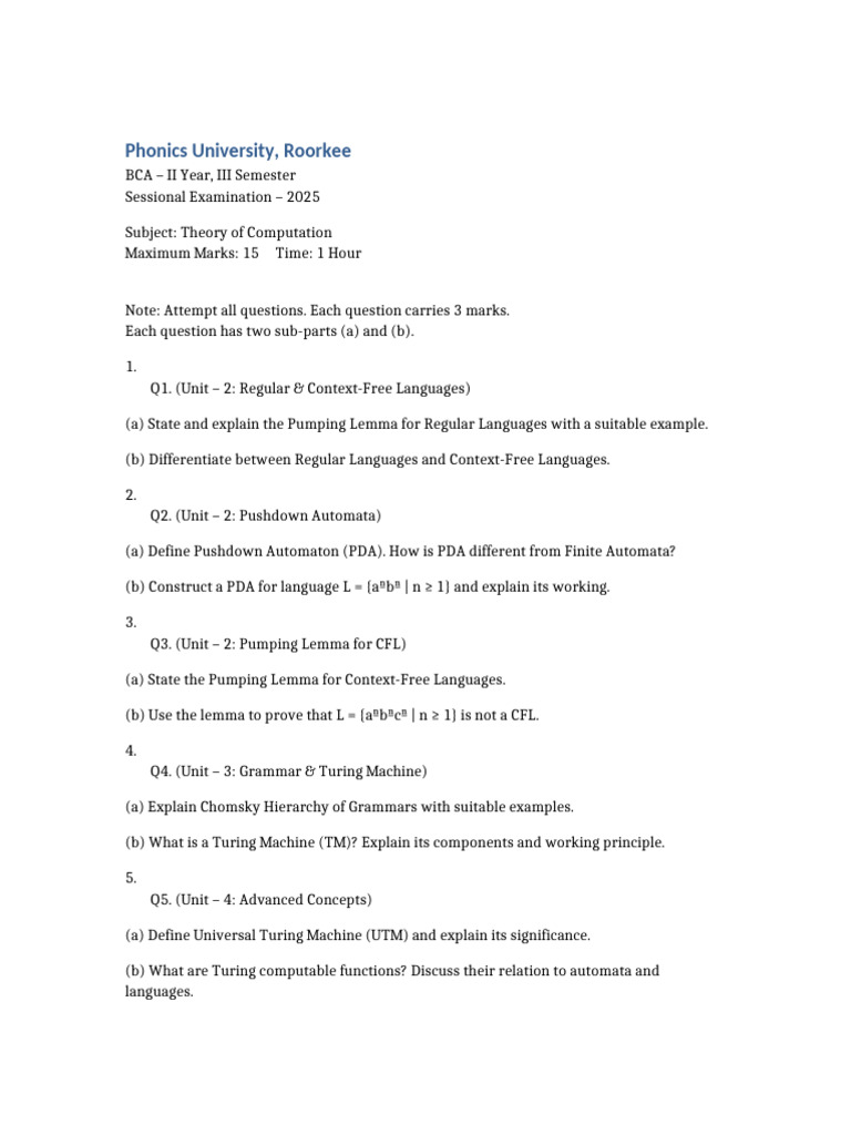 BCA 3rd Sem Theory of Computation Question Paper | PDF