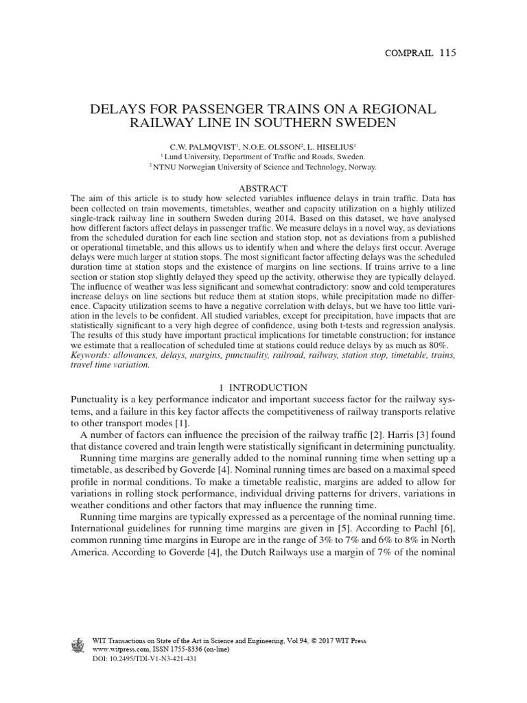Delays For Passenger Trains On A Regional Railway | PDF | Student's T ...