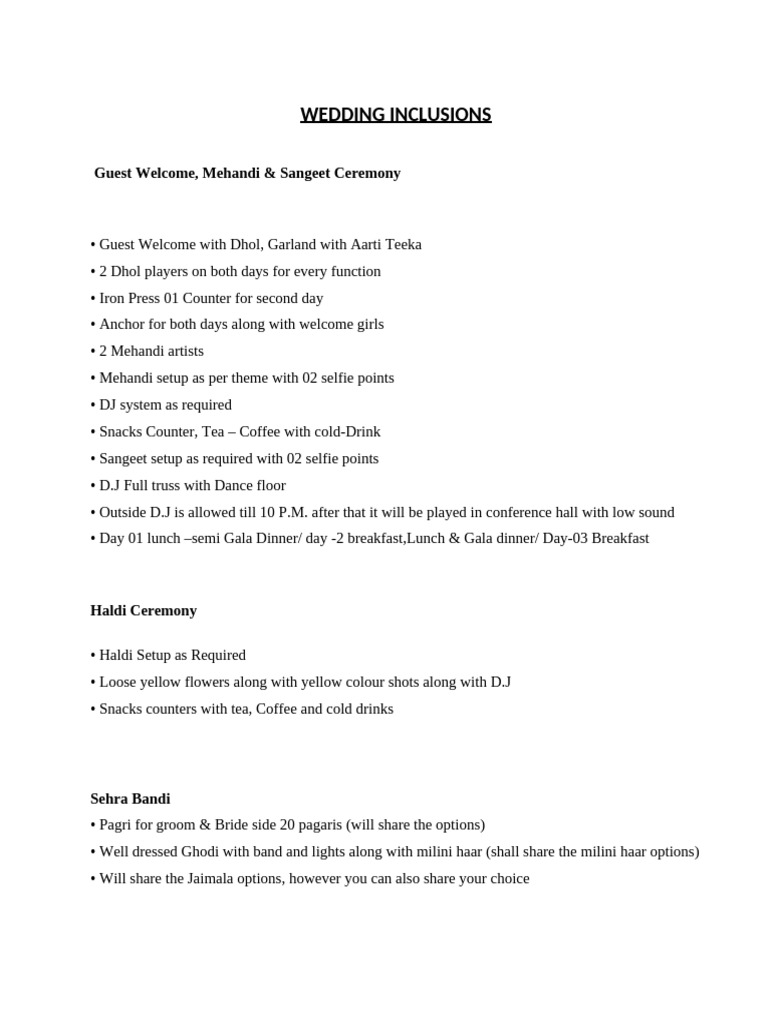 Wedding Inclusions | PDF