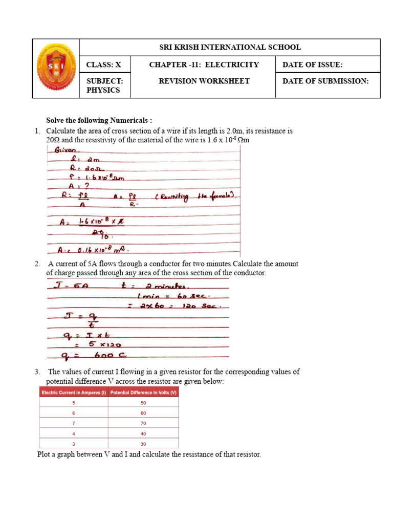 Electricity Numerical Problems Worksheet | PDF | Electrical Resistivity ...