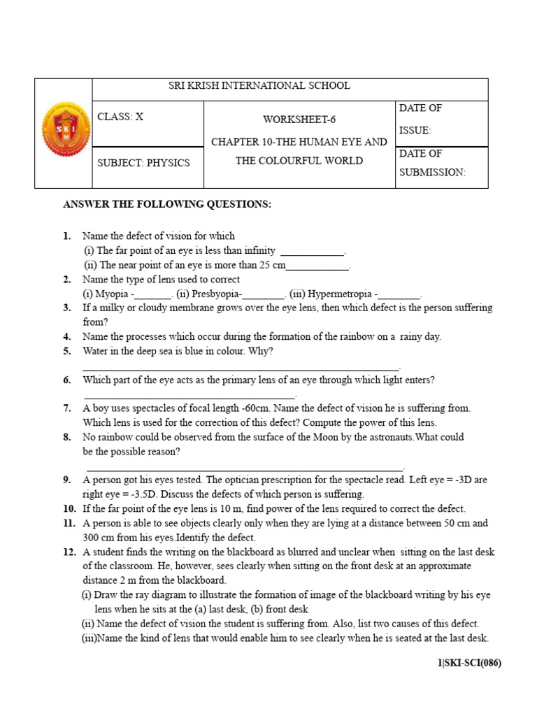 Human Eye Worksheet | PDF | Eye | Vision