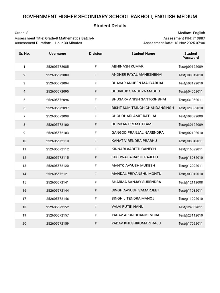 Grade-8 Mathematics Batch-6 LoginDetails | PDF