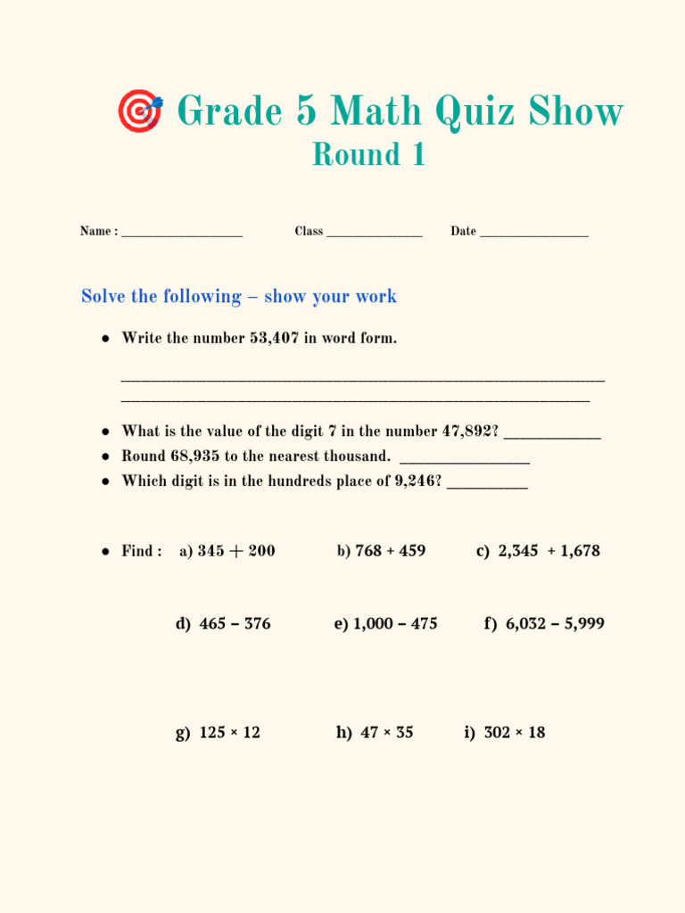 ? Grade 5 Math Quiz Show R1 | PDF