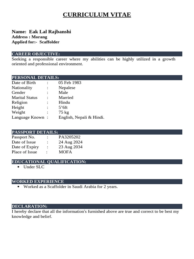 Scaffolder CV of Eak Lal Rajbanshi | PDF