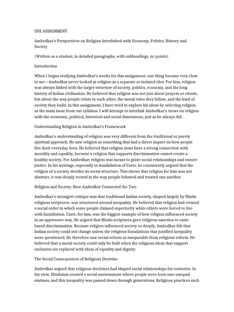 Ambedkar Religion Assignment | PDF | Caste | Social Equality