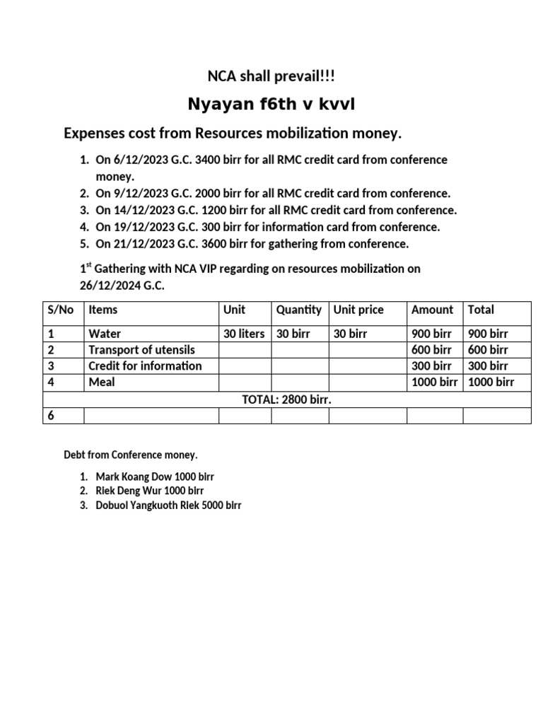 NCA Shall Prevail!!! Expenses Cost From Resources Mobilization Money | PDF